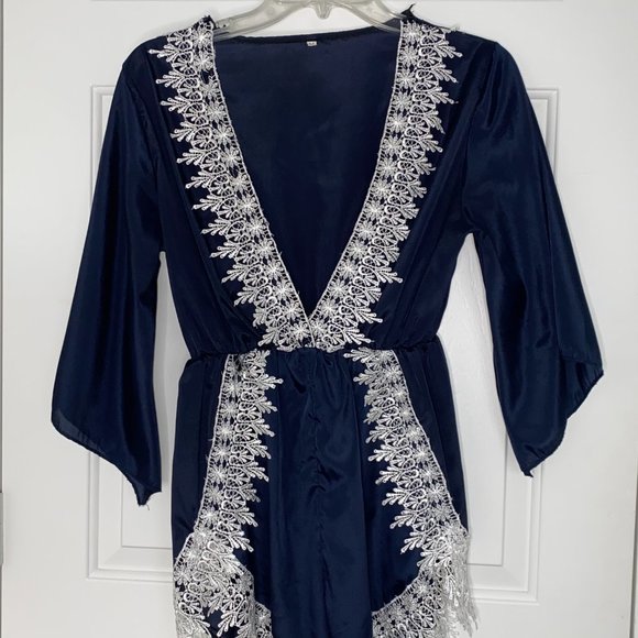 Pants & Jumpsuits | Midnight Blue White Lace Plunge Romper | Poshmark